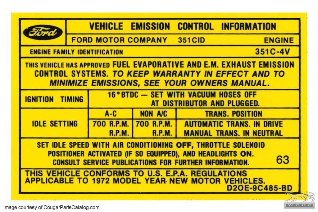 Emission Decal - 351 - 4V - AT - Early - Yellow - Repro ~ 1972 Mercury ...